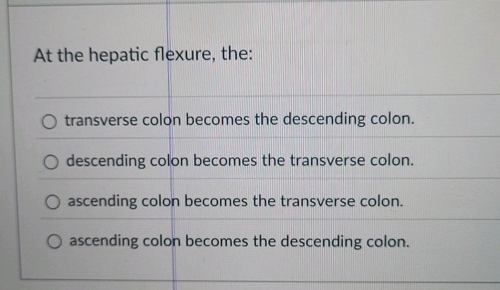 At the hepatic flexure, the: transverse | StudyX