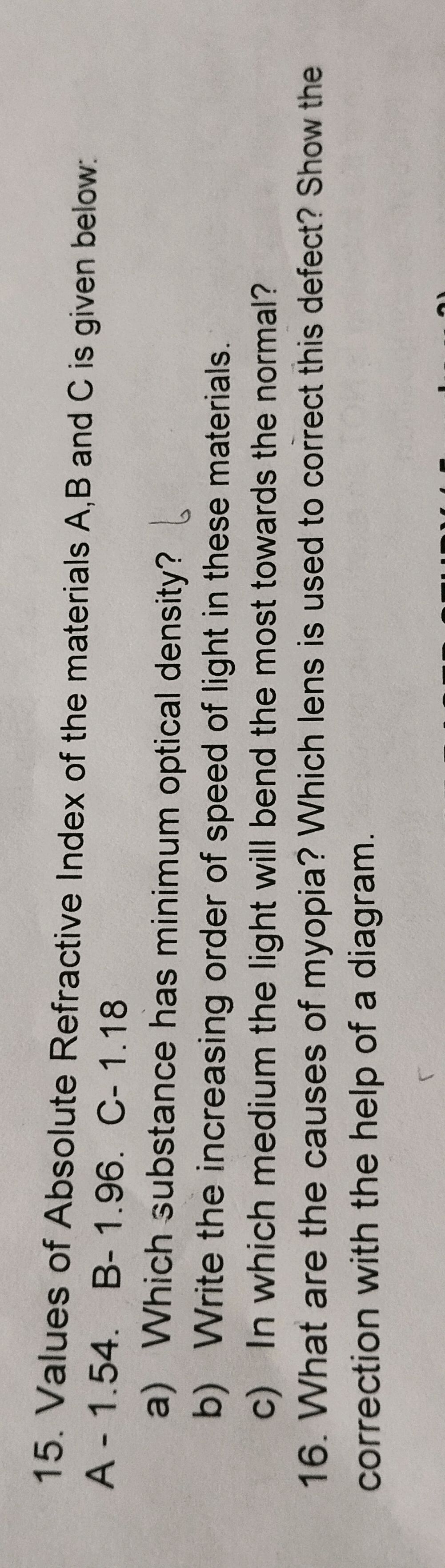 15. Values of Absolute Refractive Index of | StudyX