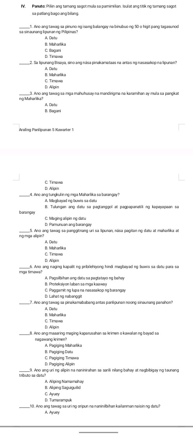 IV. Panuto: Piliin ang tamang sagot mula sa | StudyX