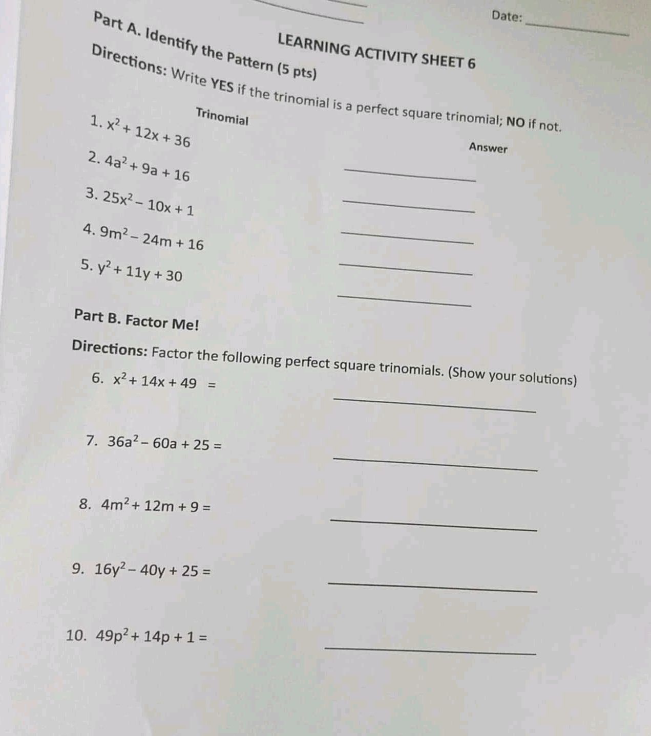 Part A. Identify the Pattern (5 pts)
