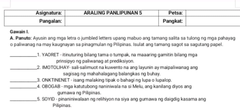 A. Panuto: Ayusin ang mga letra o jumbled | StudyX