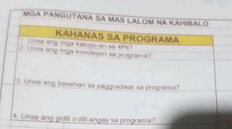 Unsa ang mga katuyu-an sa 4Ps? 2. Unsa ang