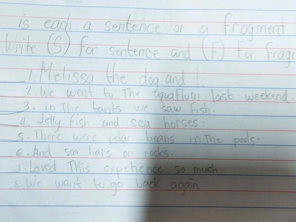 is each a sentence or a fragment Write (S) | StudyX