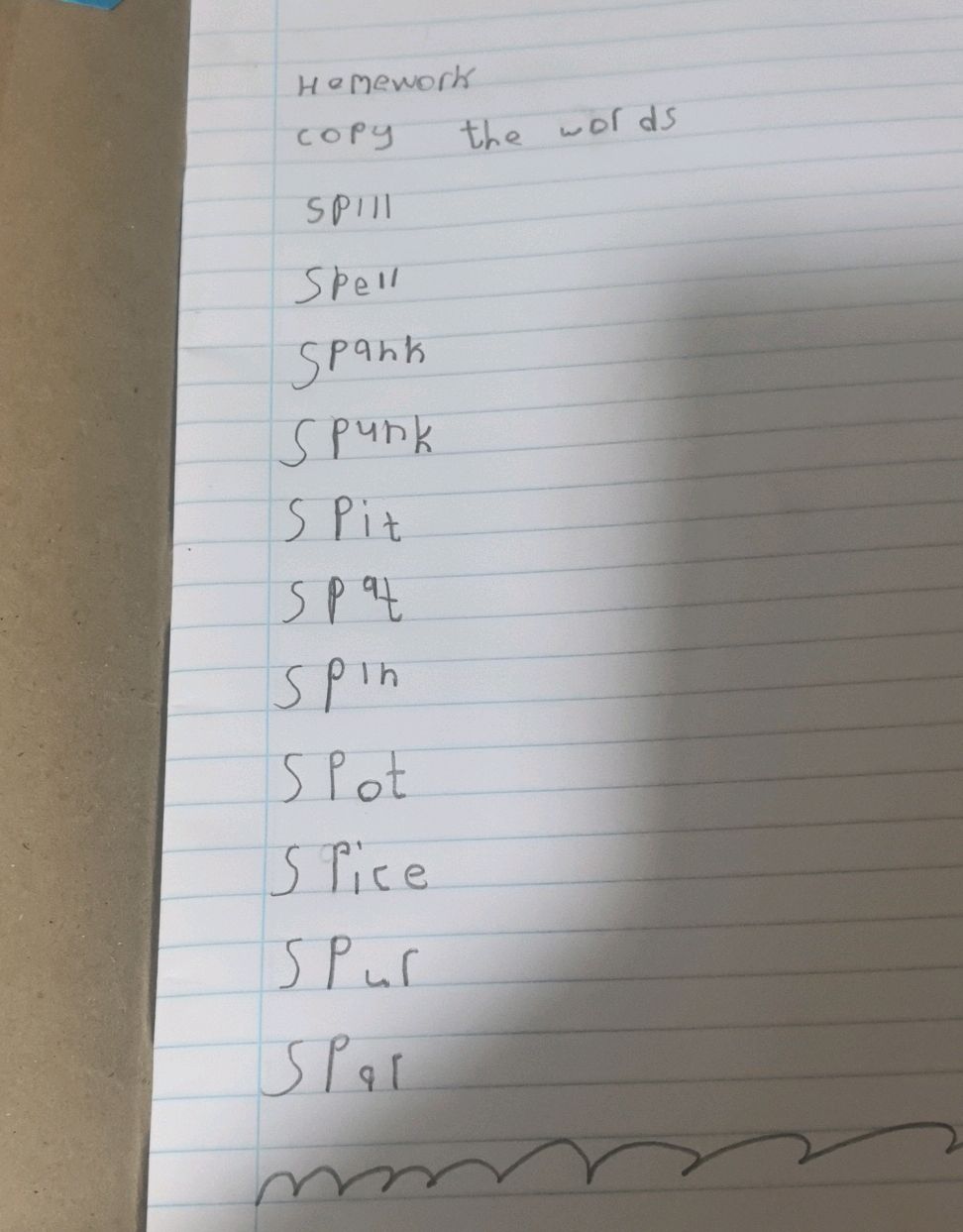 Homework copy the words Spill Spell Spank | StudyX