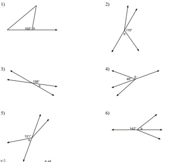 1) Diagram with angle 100° and angle b. 2)