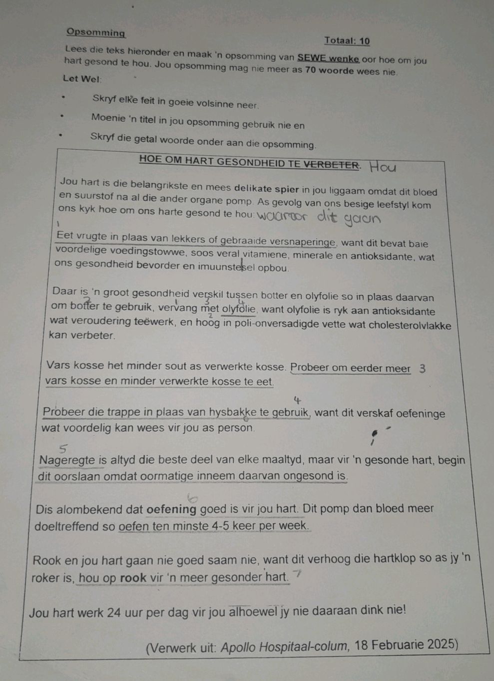 Lees die teks hieronder en maak 'n opsomming