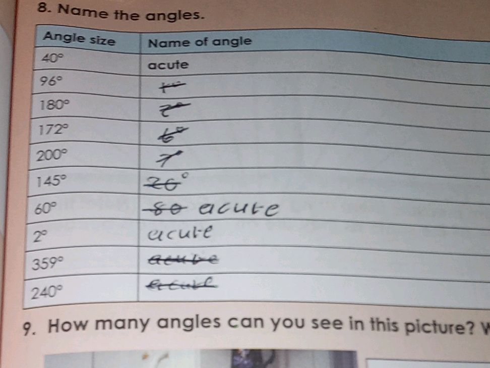 8. Name the angles. | Angle size | Name of | StudyX