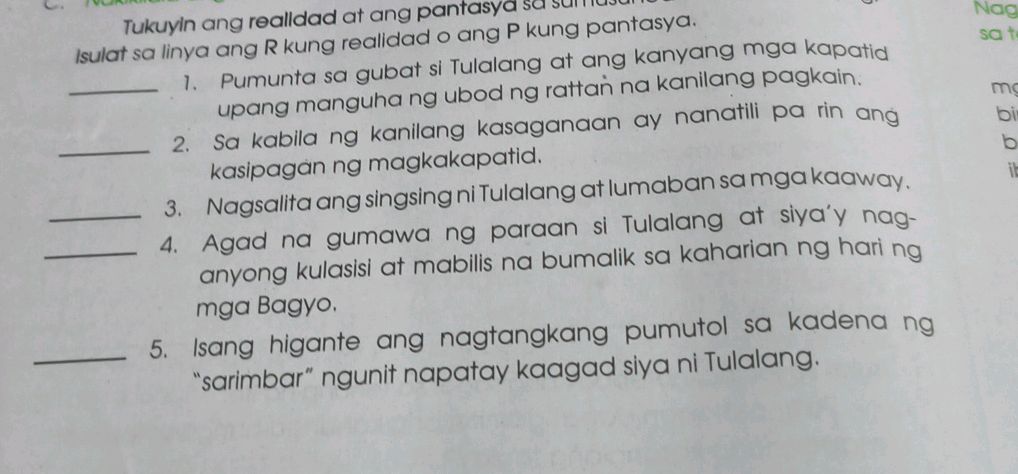 Tukuyin ang realidad at ang pantasya sa | StudyX