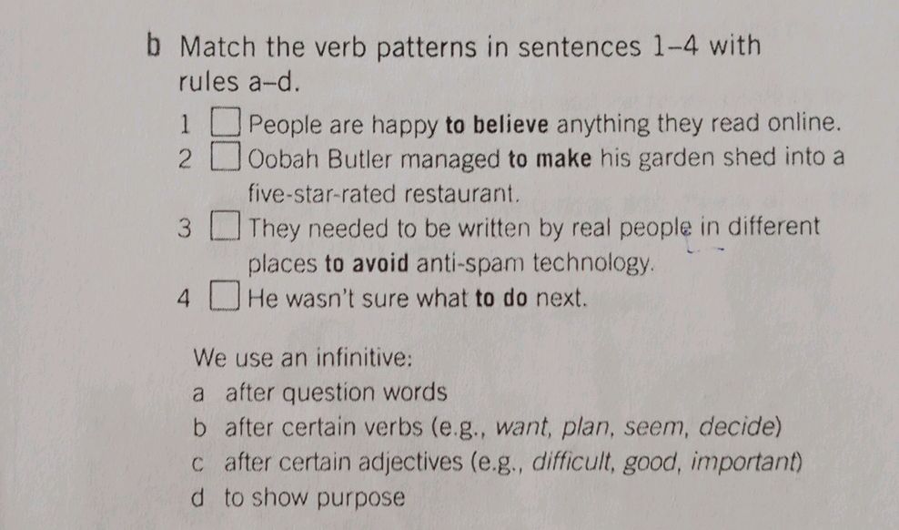 b Match the verb patterns in sentences 1-4 | StudyX