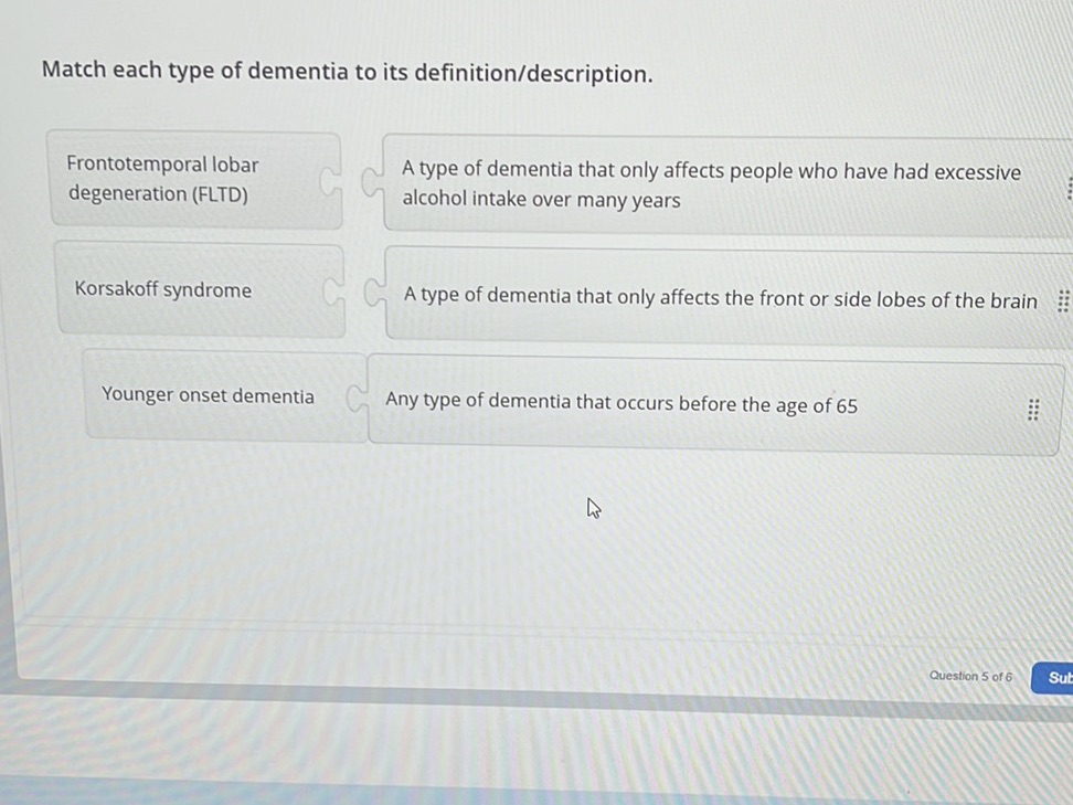 Match each type of dementia to its | StudyX