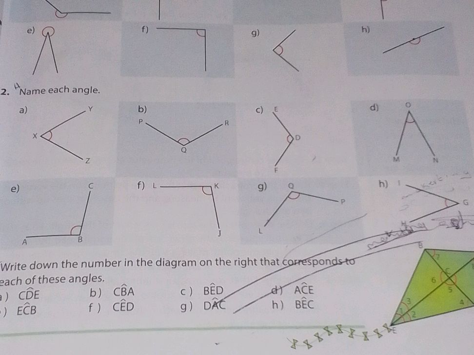 Name each angle. a) X, Y, Z b) P, Q, R c) E,