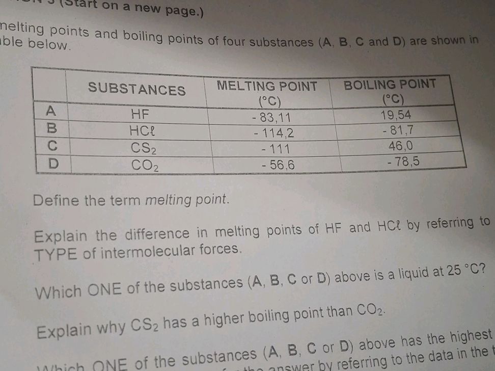 melting points and boiling points of four | StudyX