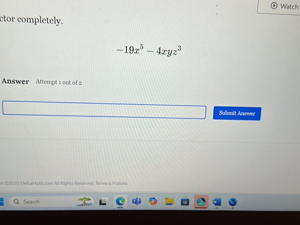 Factoring the expression -19x^5 - 4xyz^3