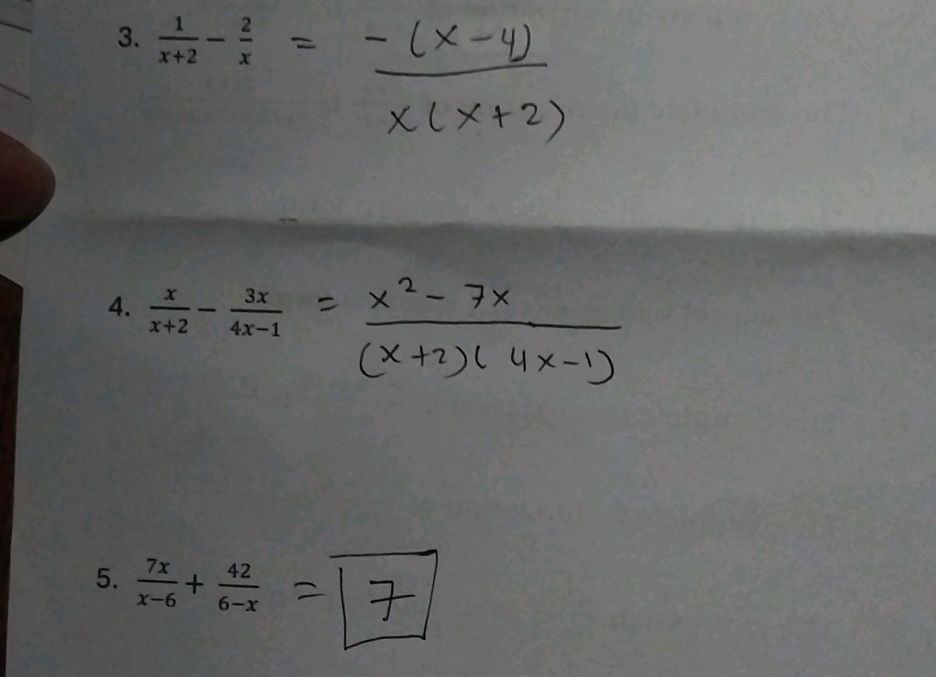 {1}{x+2} - {2}{x} = {-(x-4)}{x(x+2)}$ 4.