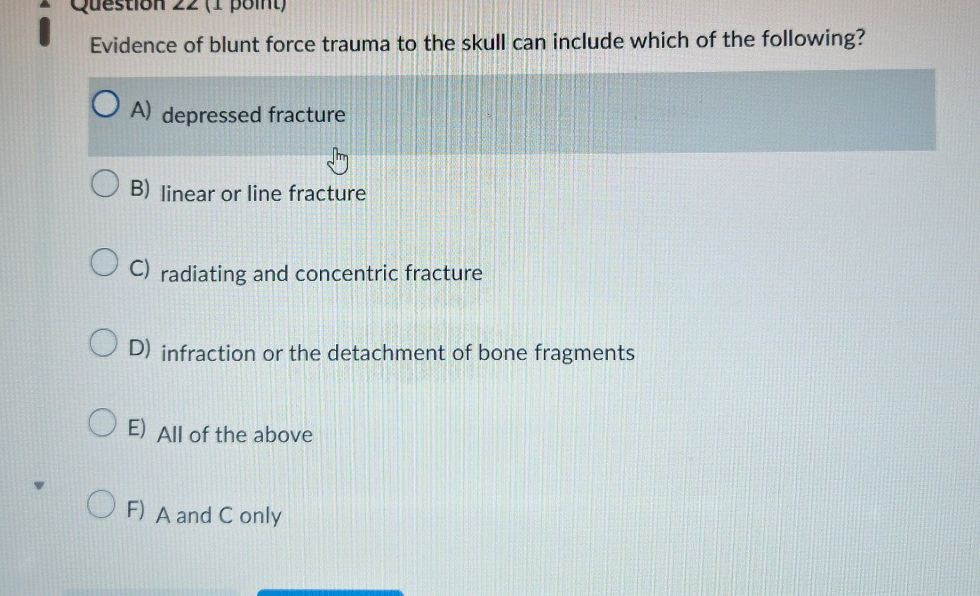 Evidence of blunt force trauma to the skull