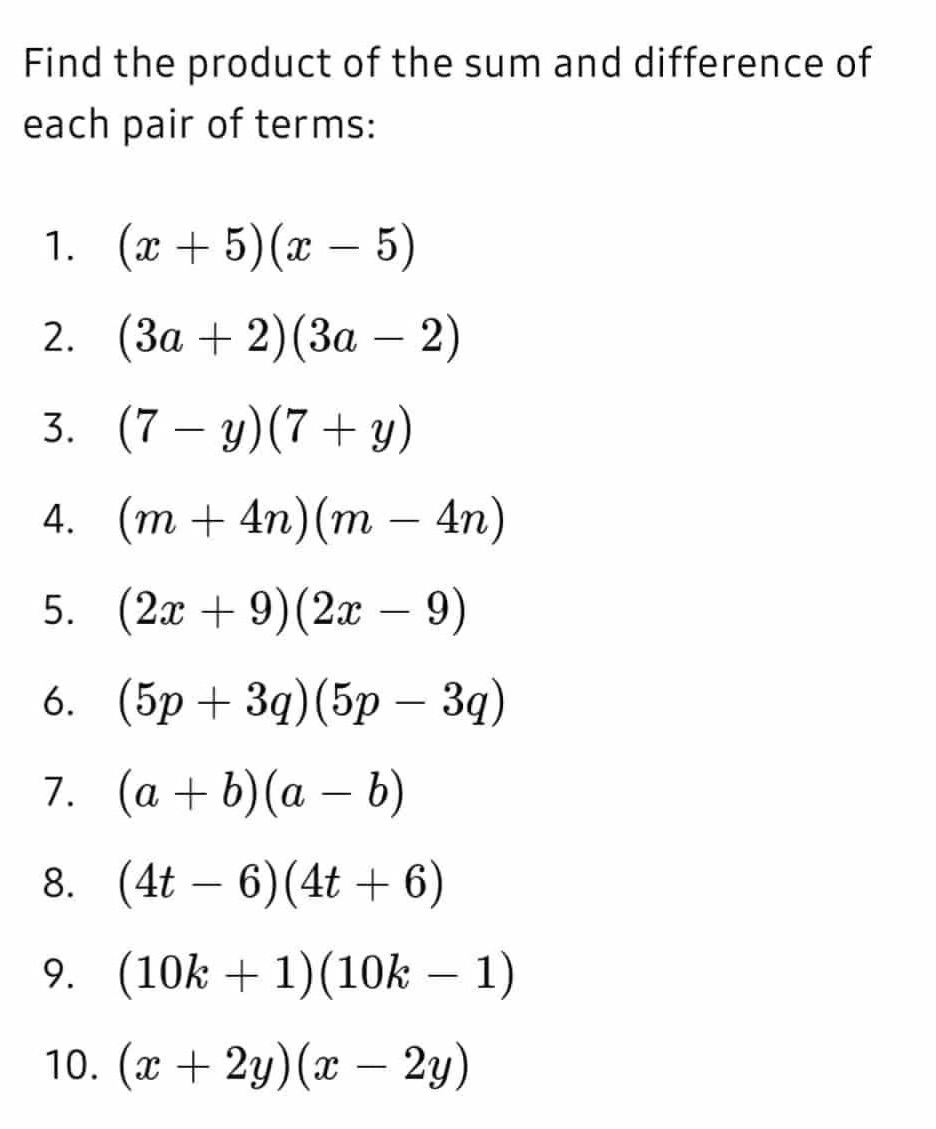 Find the product of the sum and difference