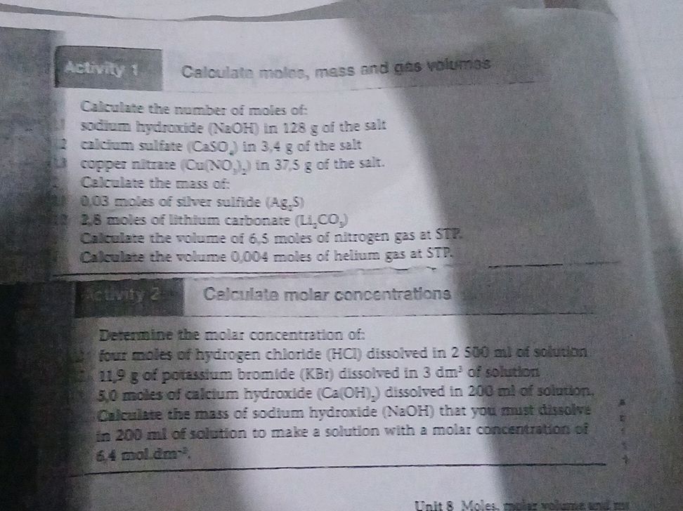 Activity 1 Calculate moles, mass and gas