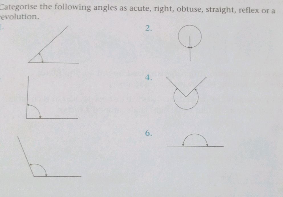 Categorise the following angles as acute,