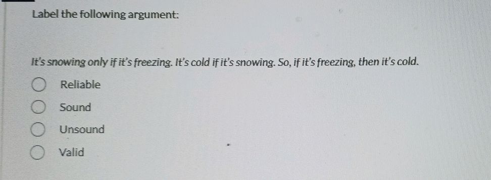 Label the following argument: It's snowing | StudyX