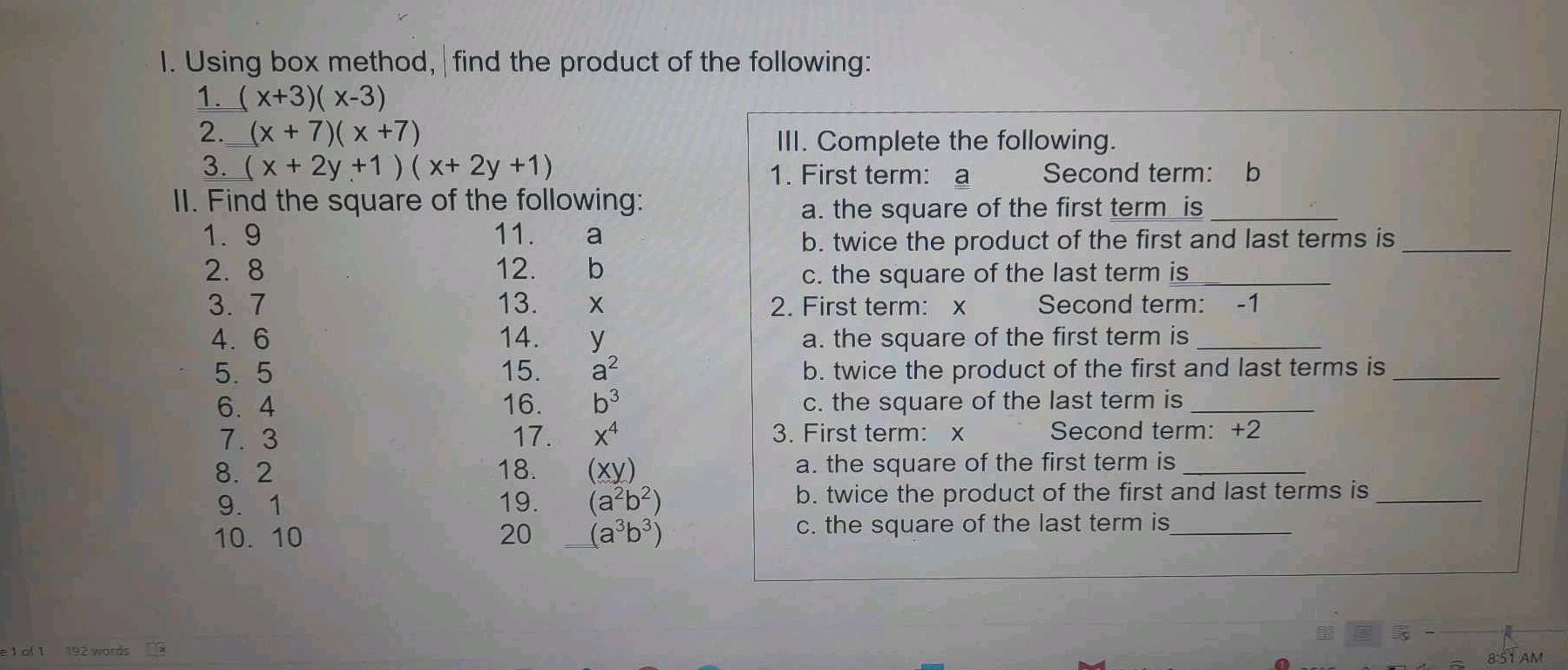 I. Using box method, find the product of the | StudyX