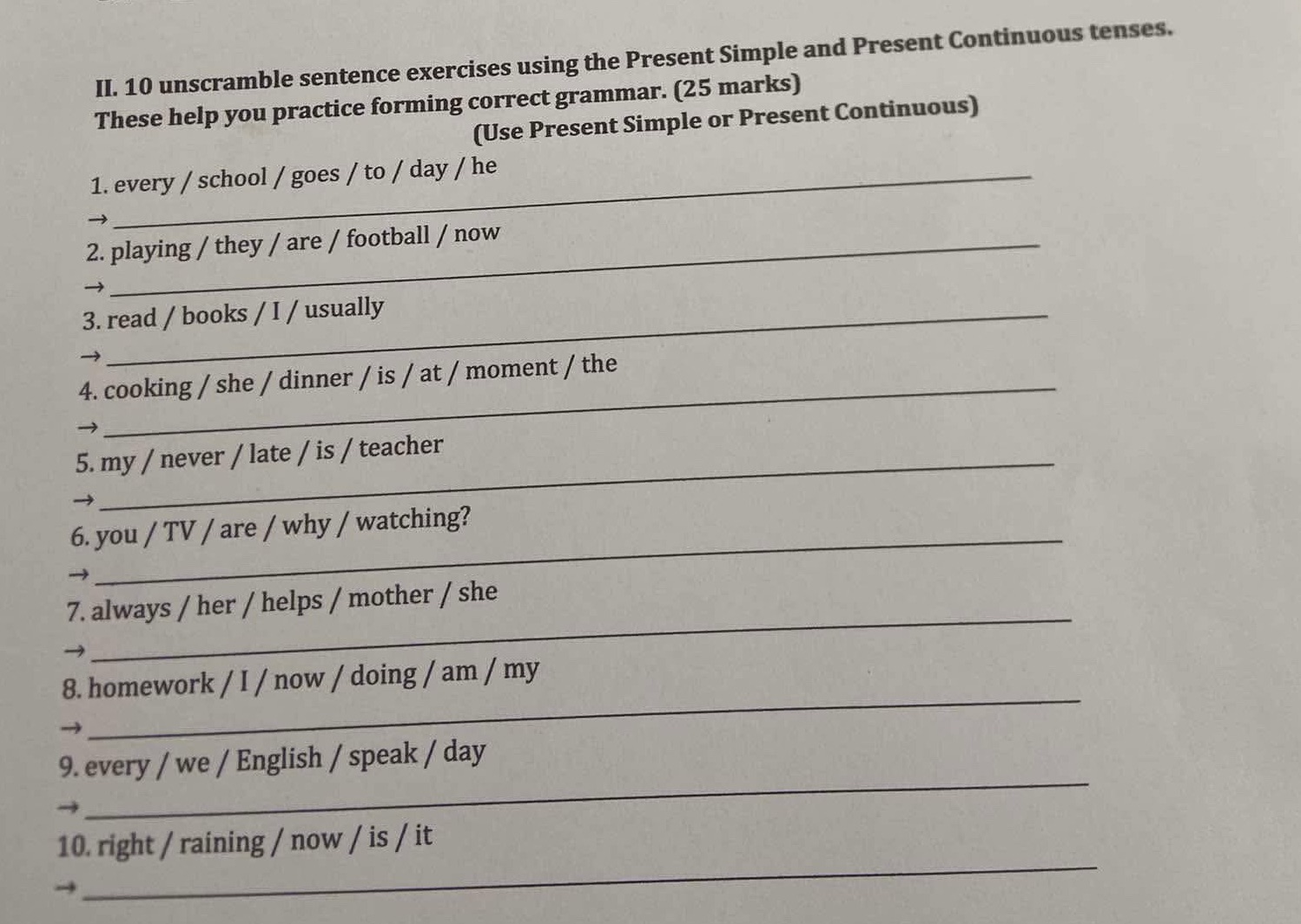 II. 10 unscramble sentence exercises using | StudyX