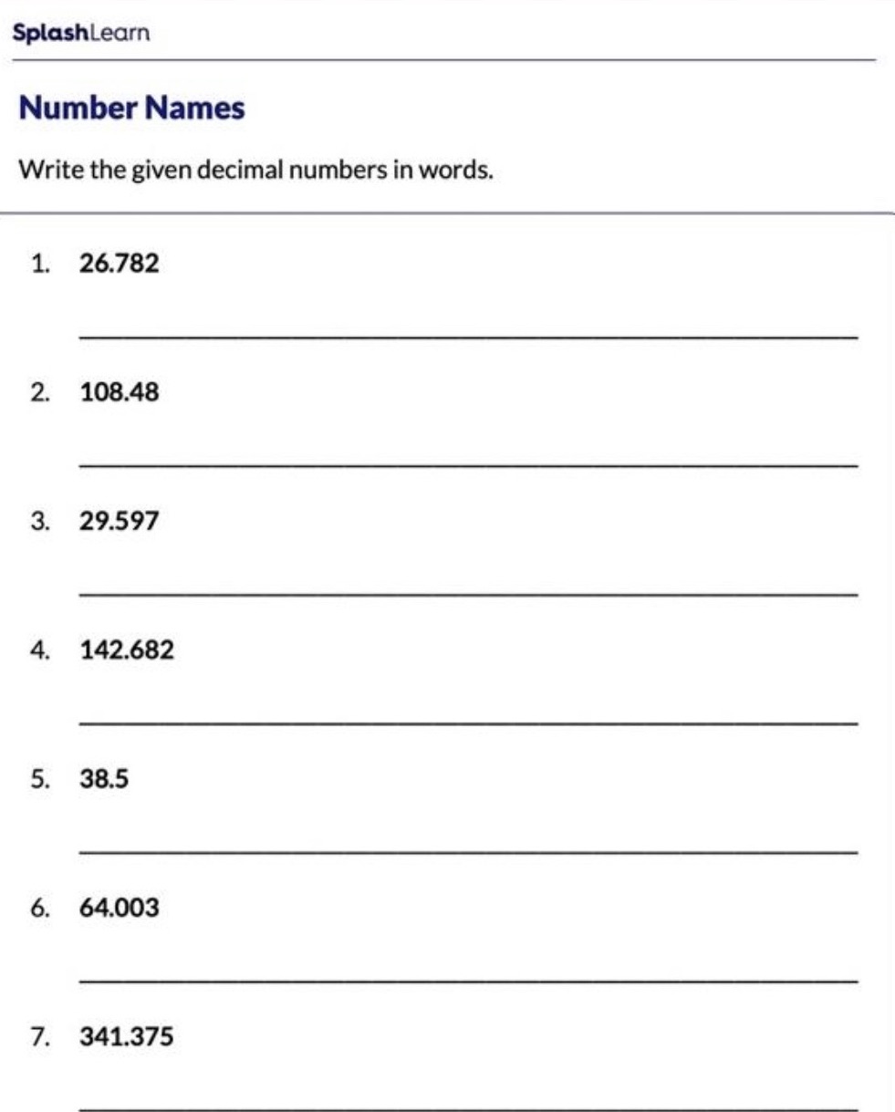 Number Names Write the given decimal | StudyX
