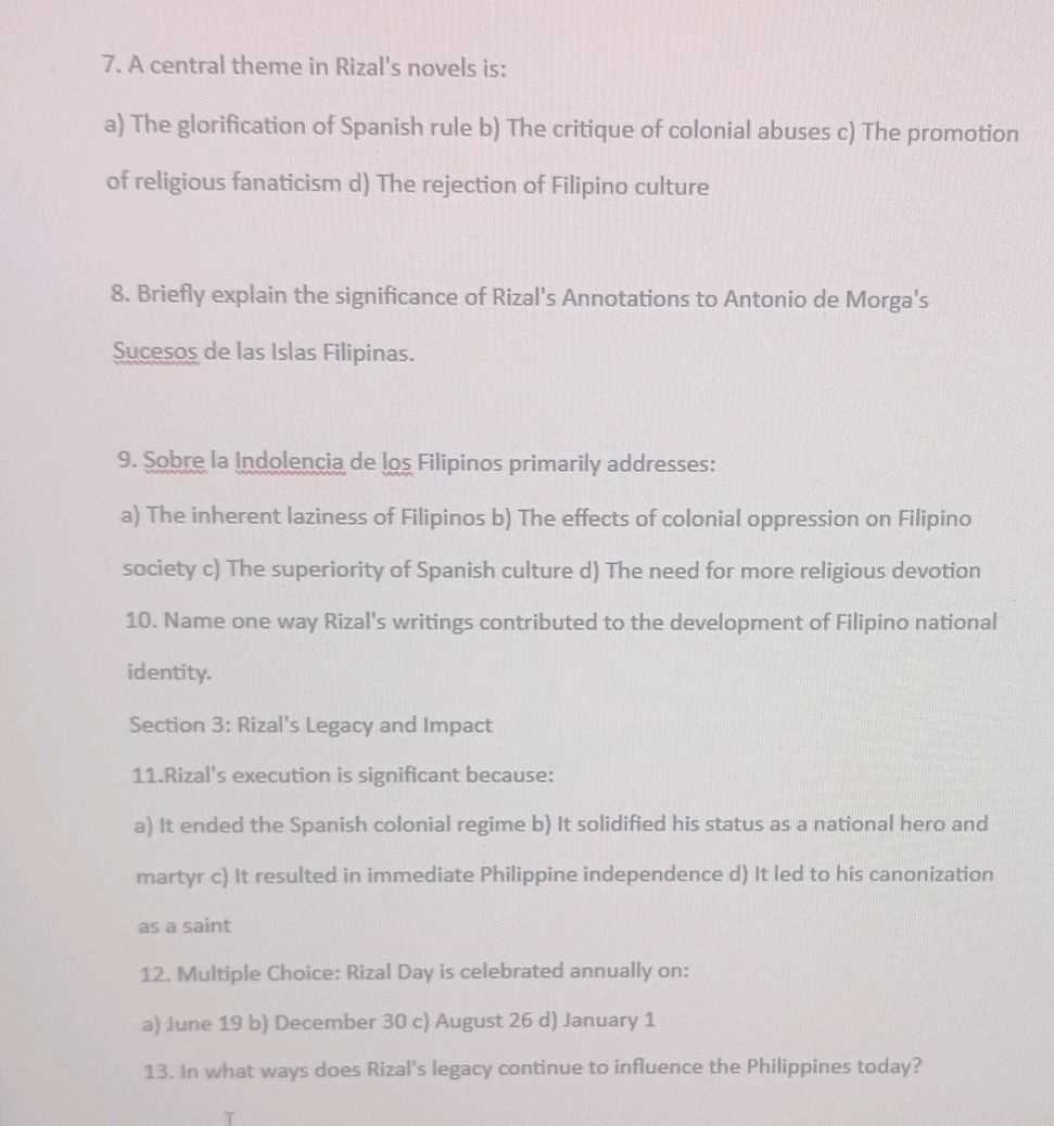 7. A central theme in Rizal's novels is: a) | StudyX