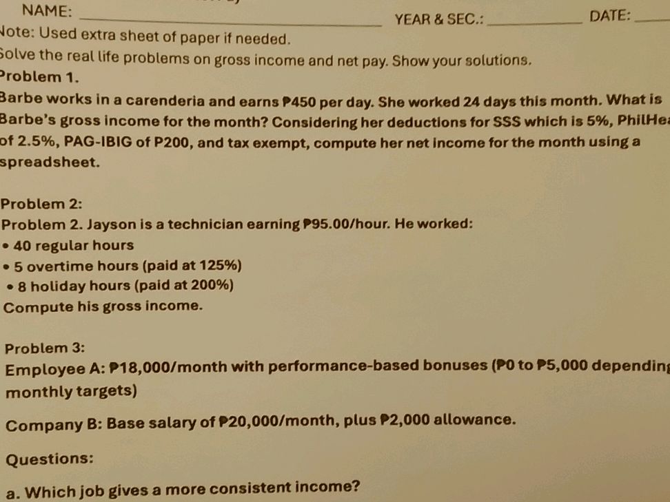 Solve the real life problems on gross income | StudyX