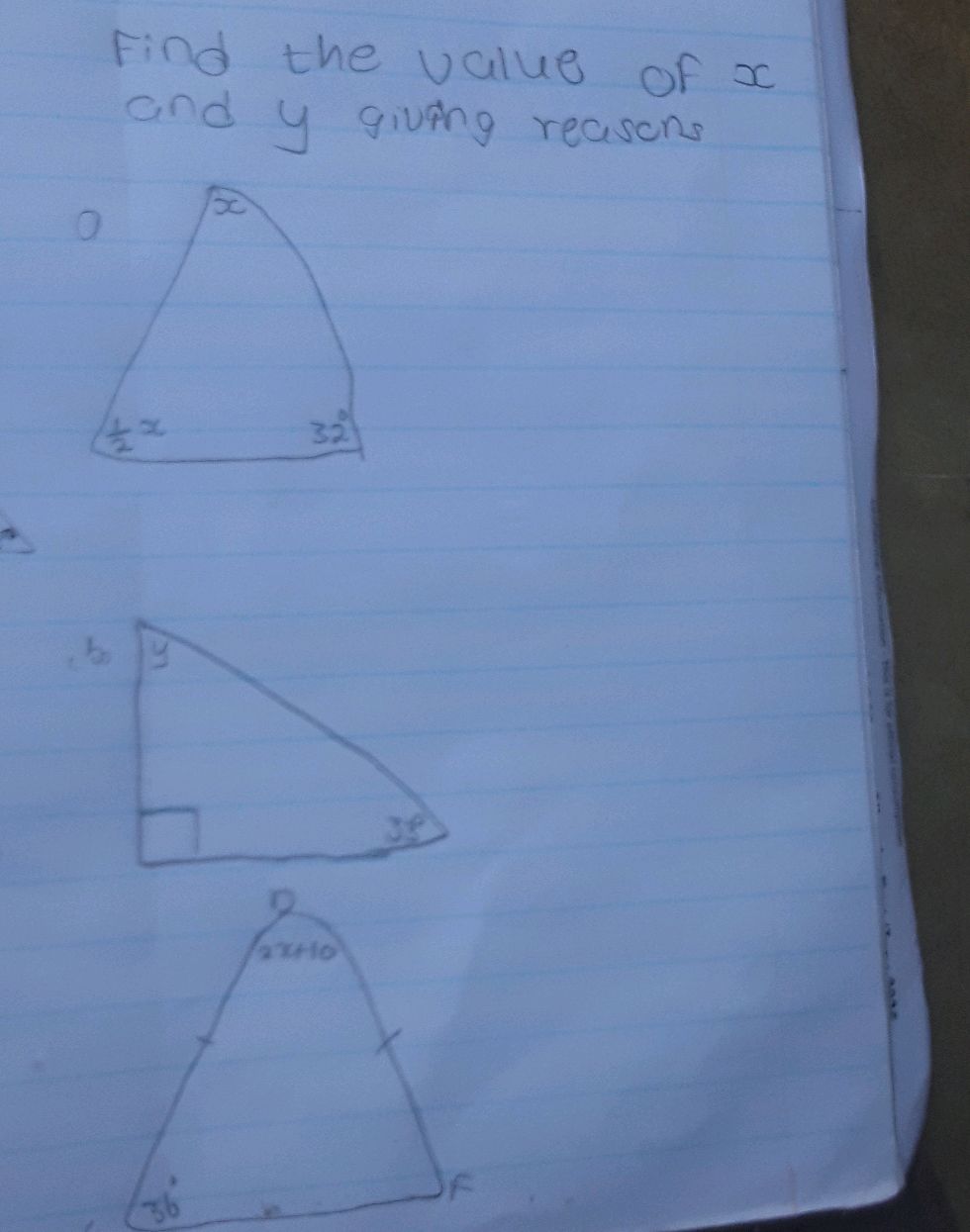Find the value of x and y giving reasons