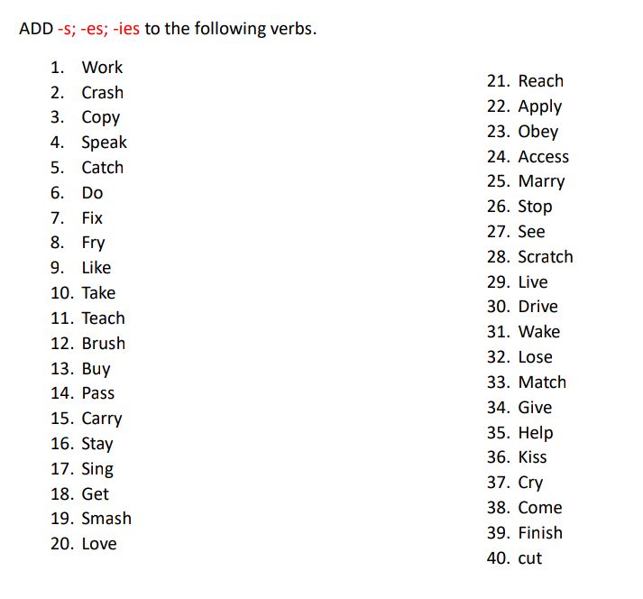 ADD -s; -es; -ies to the following verbs. 1. | StudyX