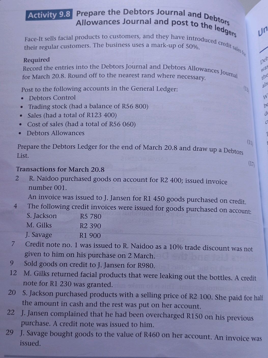 Activity 9.8 Prepare the Debtors Journal and