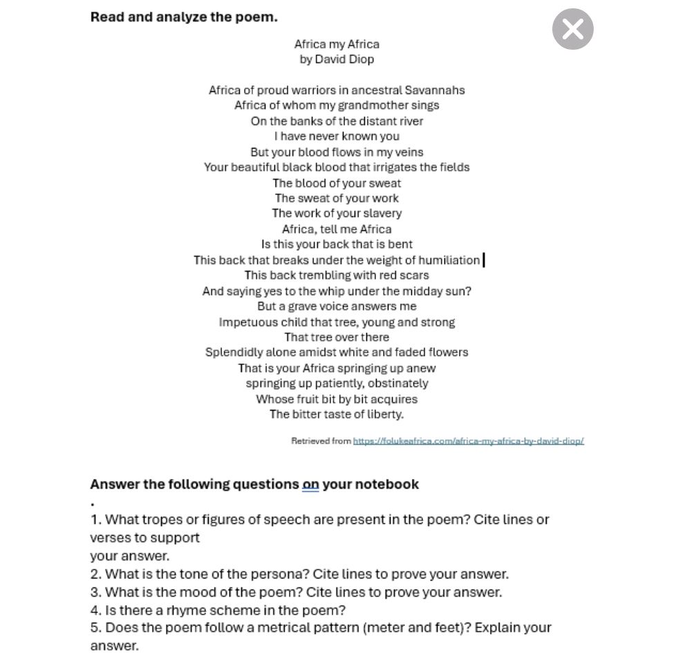 Read and analyze the poem. Africa my Africa
