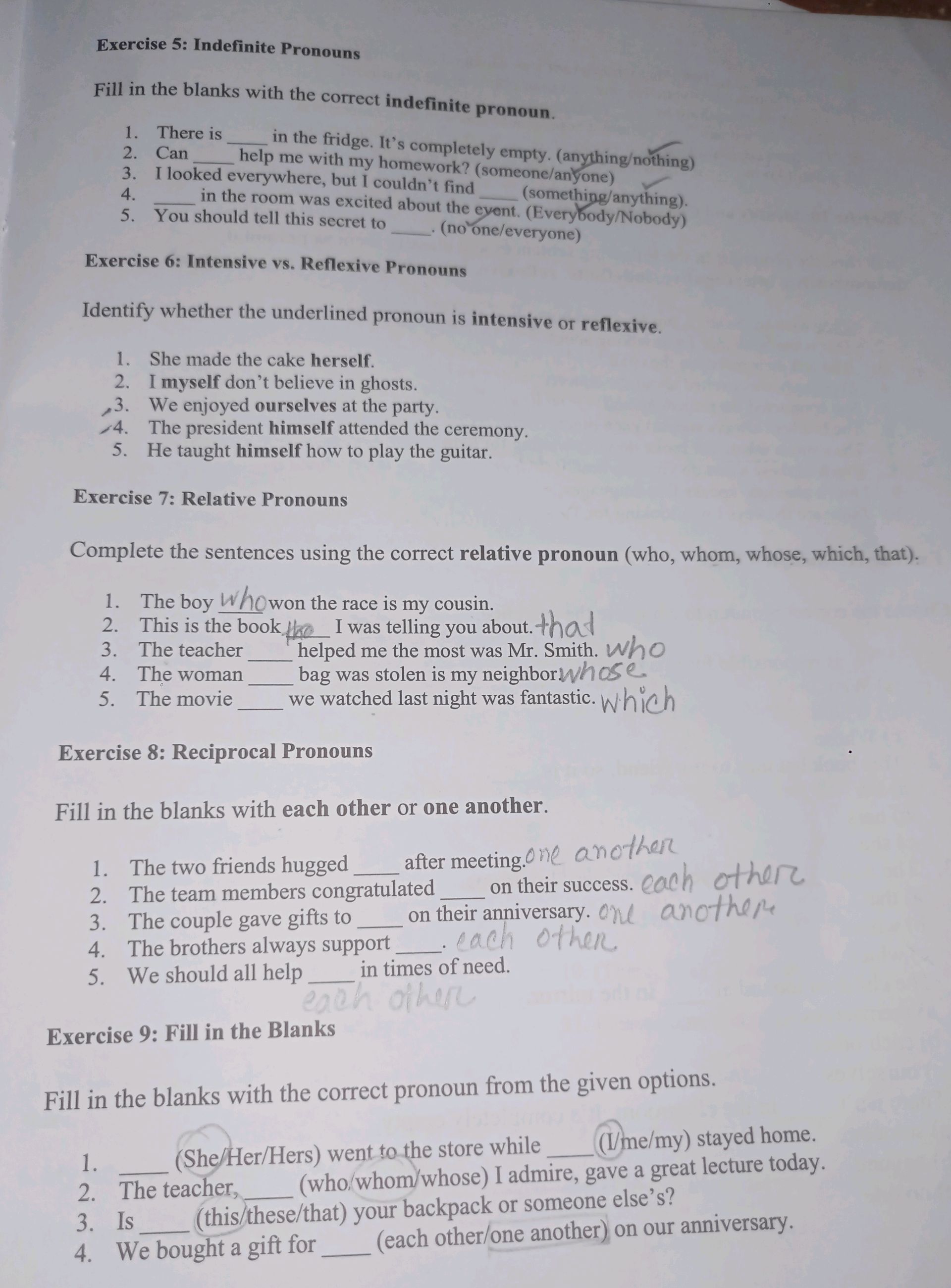 Exercise 5: Indefinite Pronouns Fill in the | StudyX