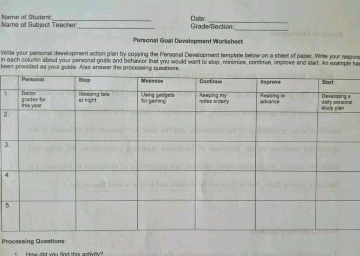 Personal Goal Development Worksheet Write | StudyX