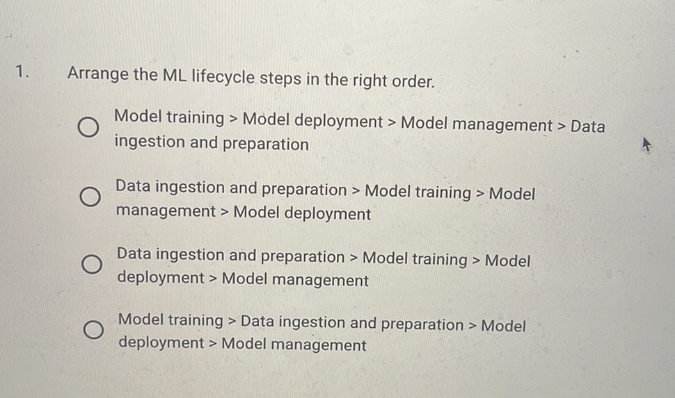 Arrange the ML lifecycle steps in the right