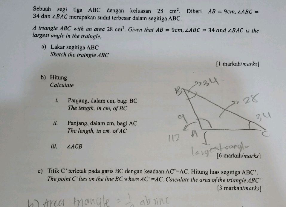 Sebuah segi tiga ABC dengan keluasan 28 cm². | StudyX