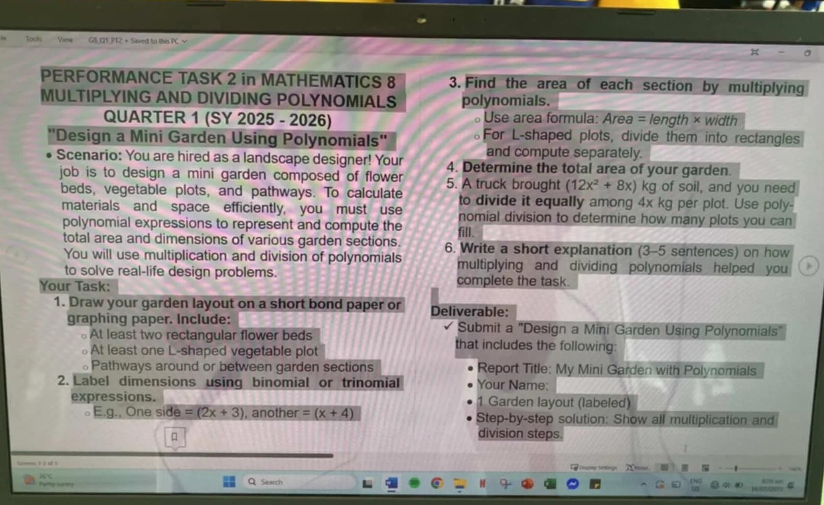 PERFORMANCE TASK 2 in MATHEMATICS 8 | StudyX