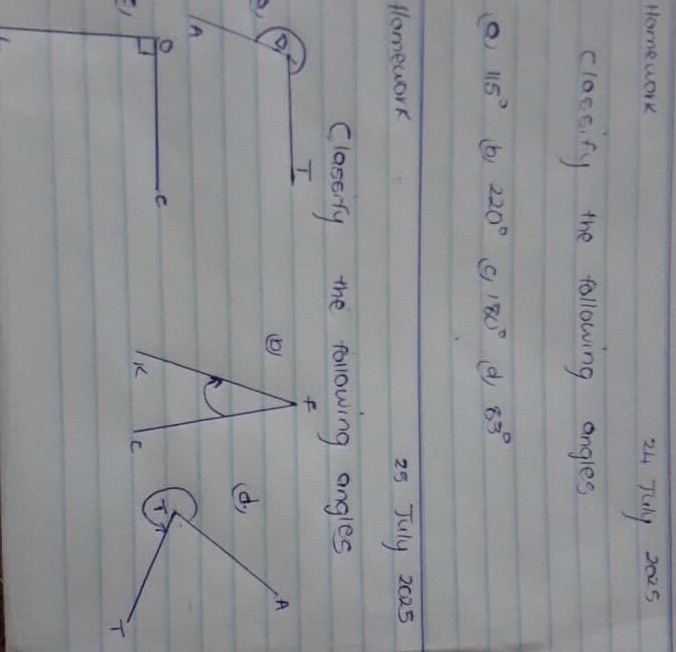 Classify the following angles a) 115° b) | StudyX