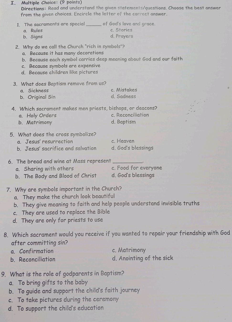 I. Multiple Choice: (9 points) Directions: | StudyX