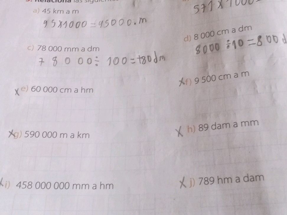 a) 45 km a m $45 1000 = 45000$ m c) 78 000 | StudyX