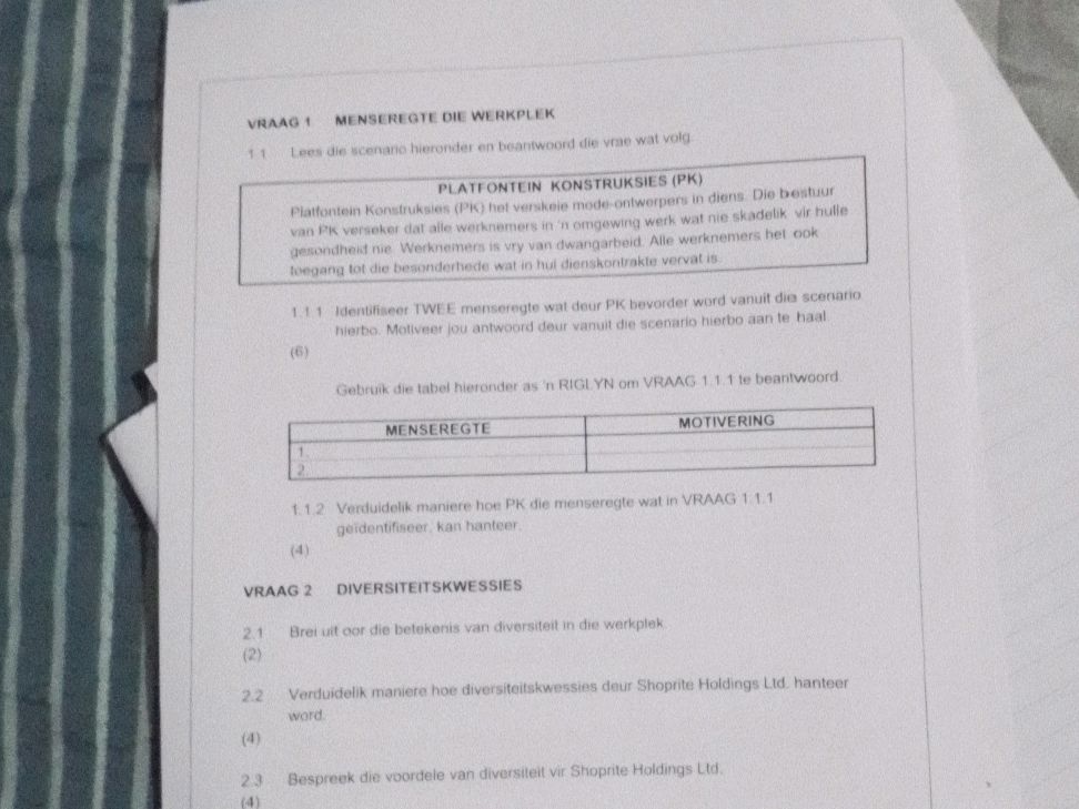 VRAAG 1 MENSEREGTE DIE WERKPLEK 1.1 Lees | StudyX