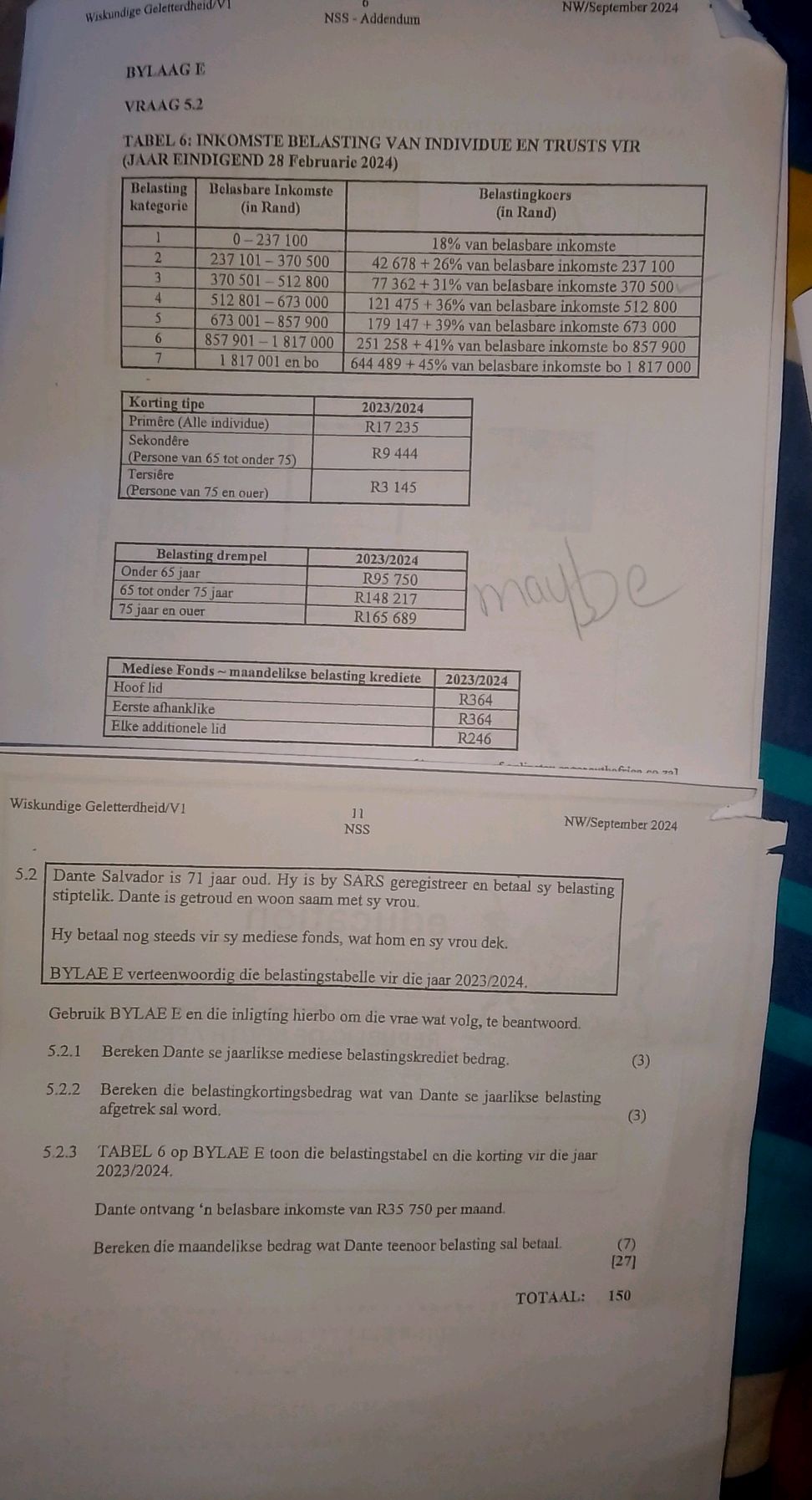 BYLAAG E VRAAG 5.2 TABEL 6: INKOMSTE | StudyX