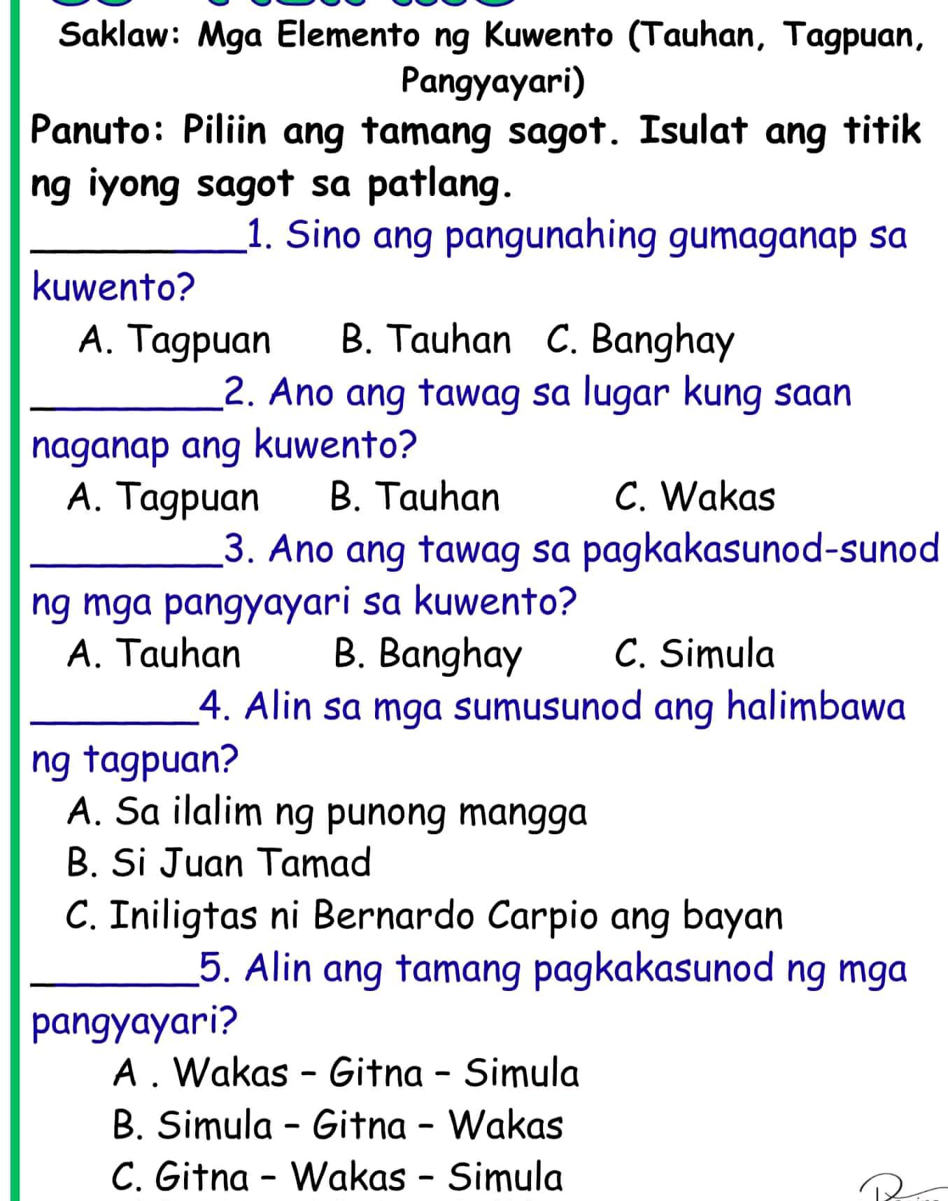 Saklaw: Mga Elemento ng Kuwento (Tauhan, | StudyX