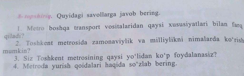 Quyidagi savollarga javob bering. 1. Metro | StudyX