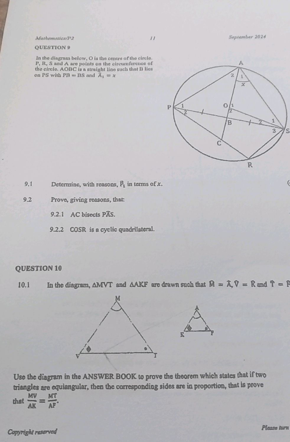 Mathematics/P2 11 September 2024 QUESTION 9 | StudyX