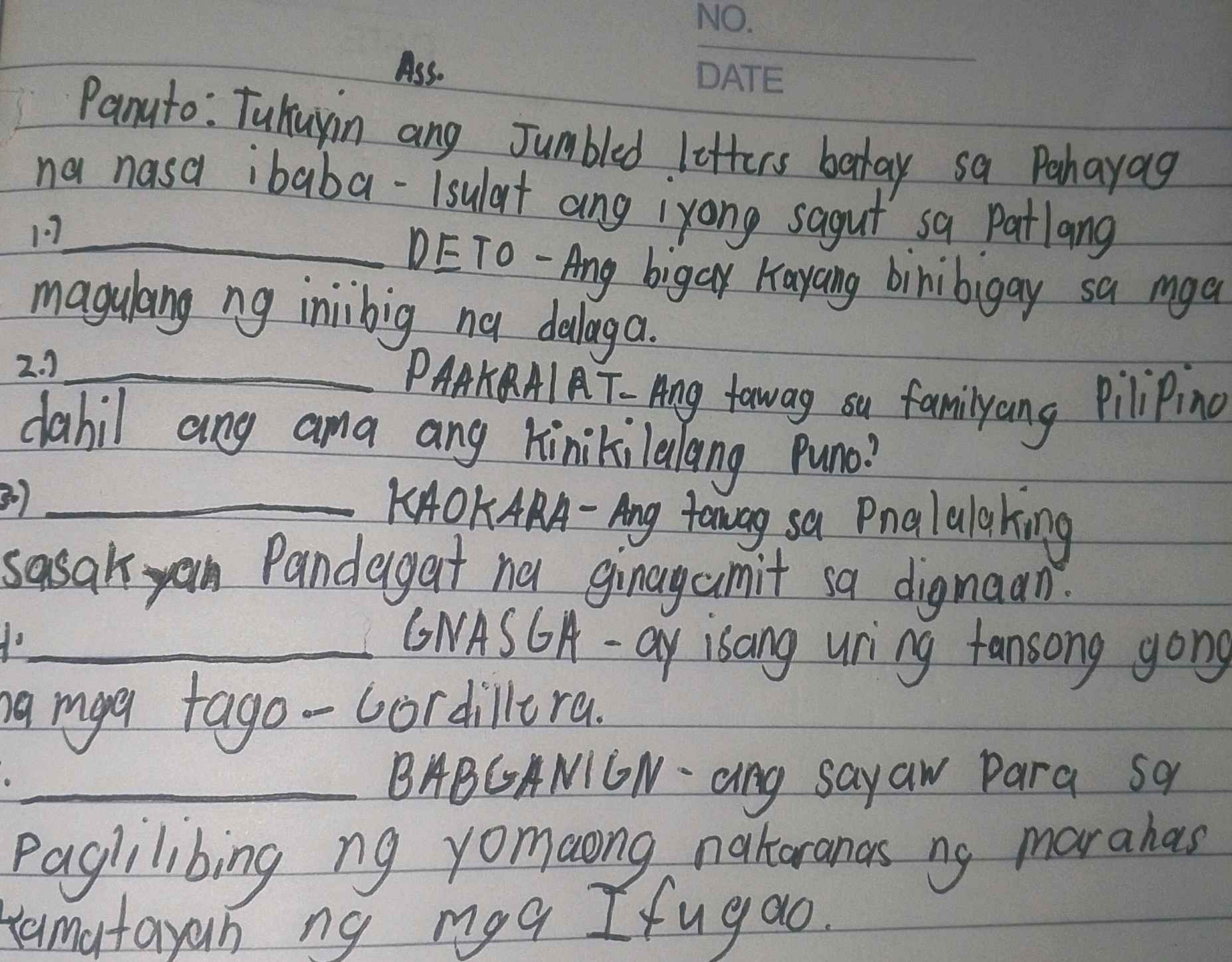 Panuto: Tukuyin ang Jumbled letters batay sa | StudyX