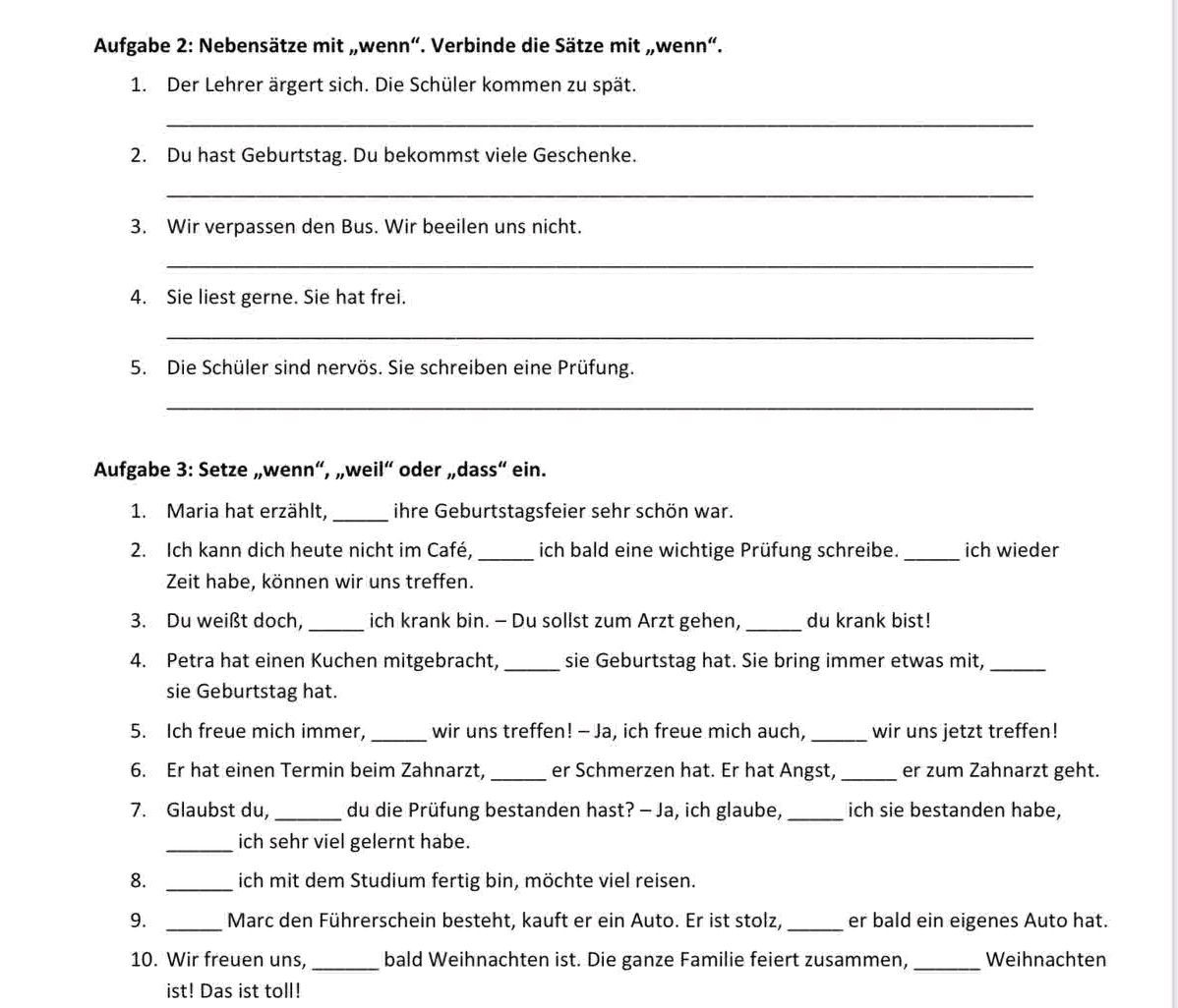 Aufgabe 2: Nebensätze mit „wenn". Verbinde | StudyX