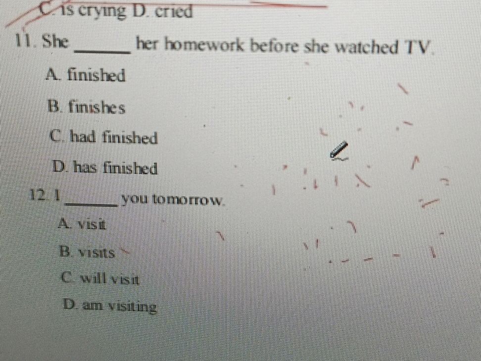 She her homework before she watched TV. A.