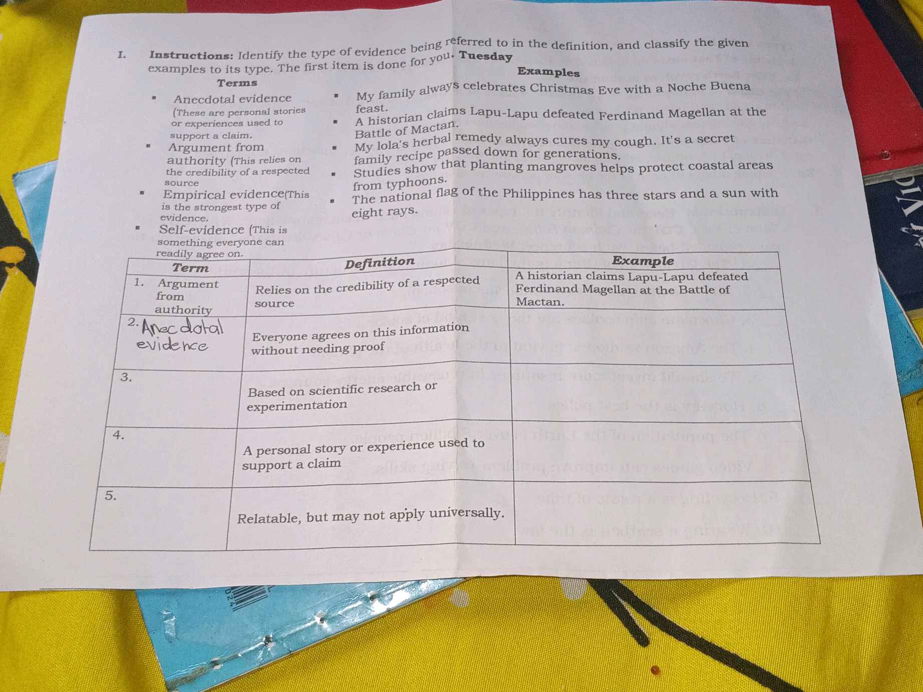 Instructions: Identify the type of evidence | StudyX