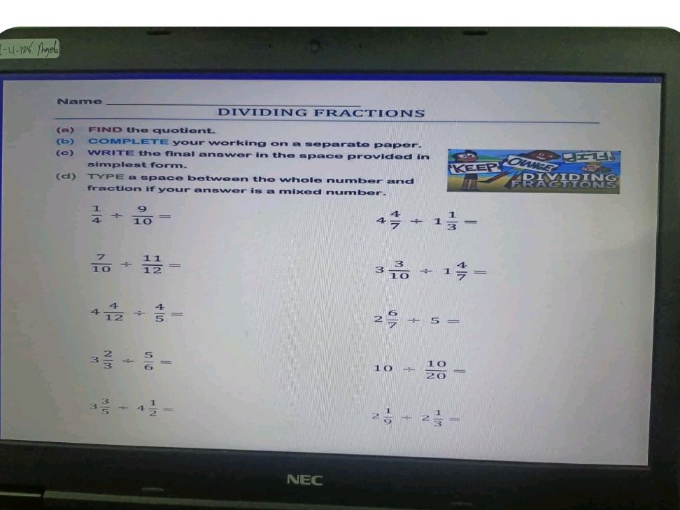 Name DIVIDING FRACTIONS (a) FIND the | StudyX